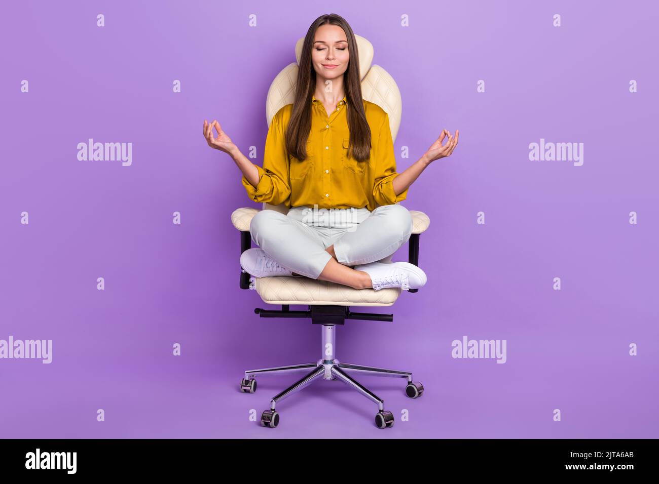 Full size portrait of positive calm person sit leather chair meditate ...