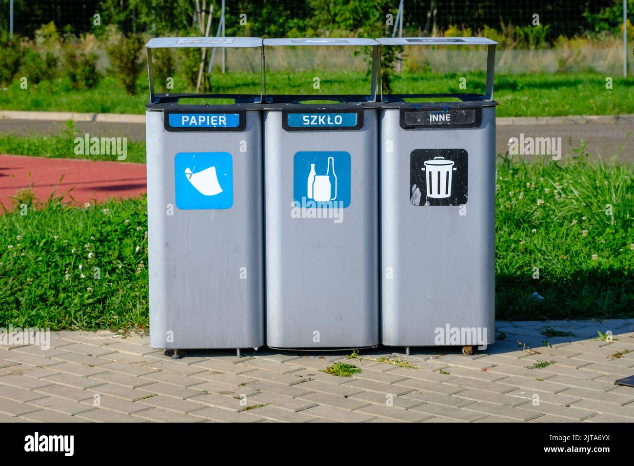 Waste sorting bins in Poland on the expressway. A rest stop on the side ...