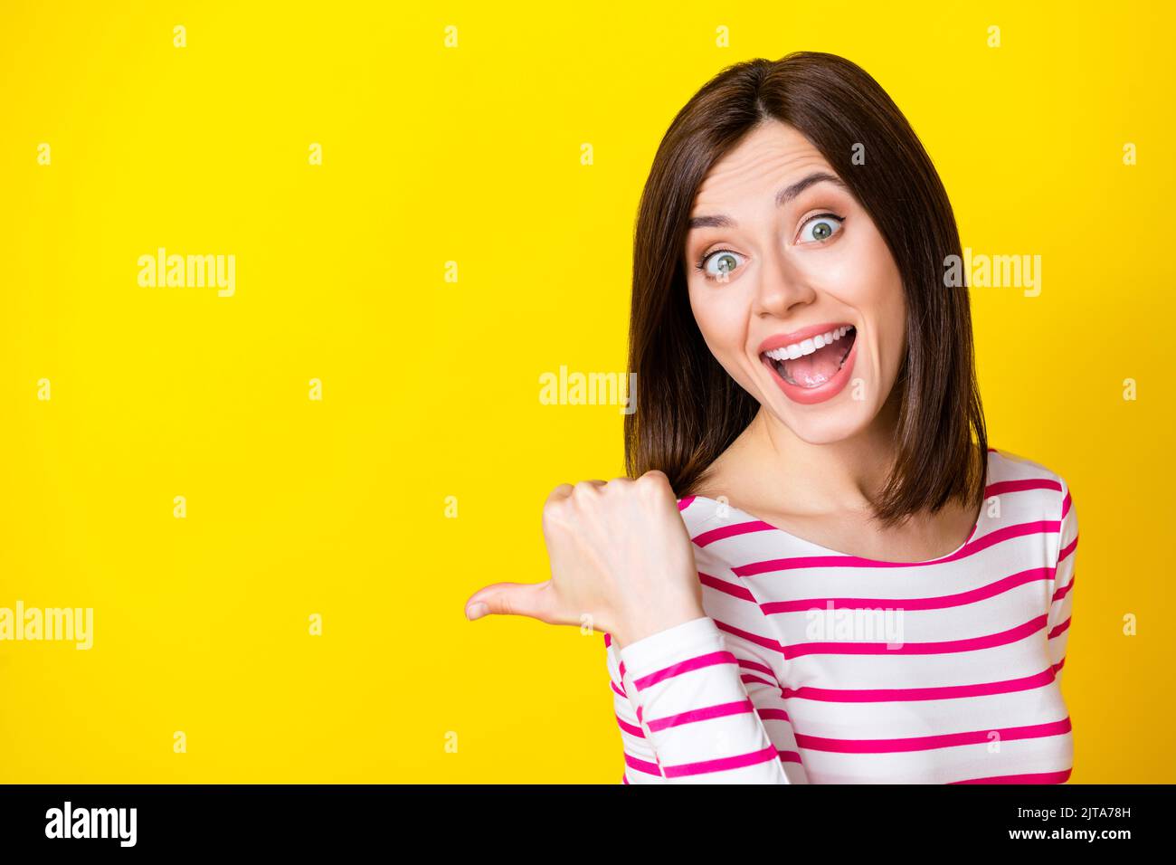 Closeup photo of young crazy attractive lady looking you directing ...