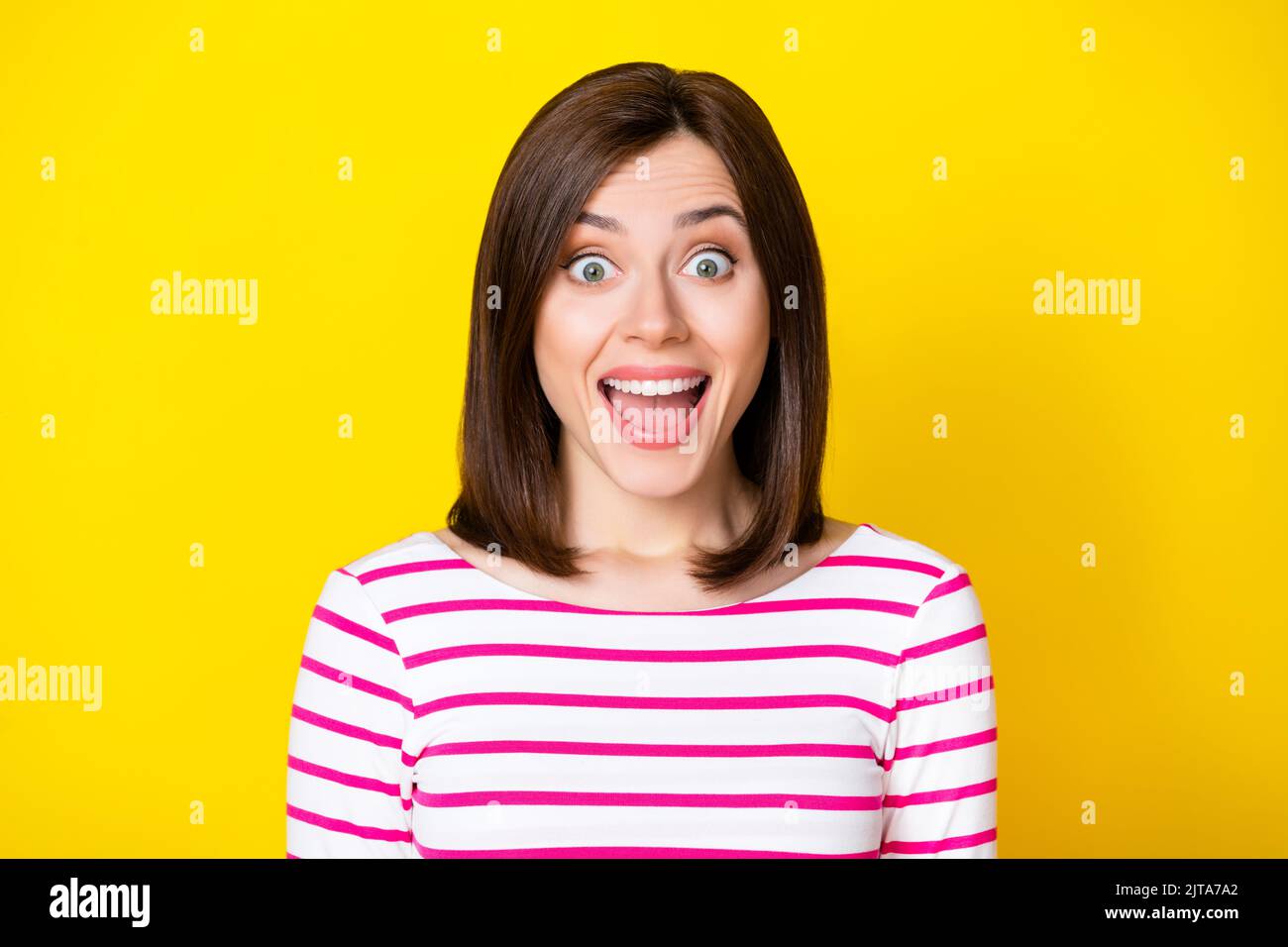 Closeup photo of young attractive beautiful girl looking directly you ...