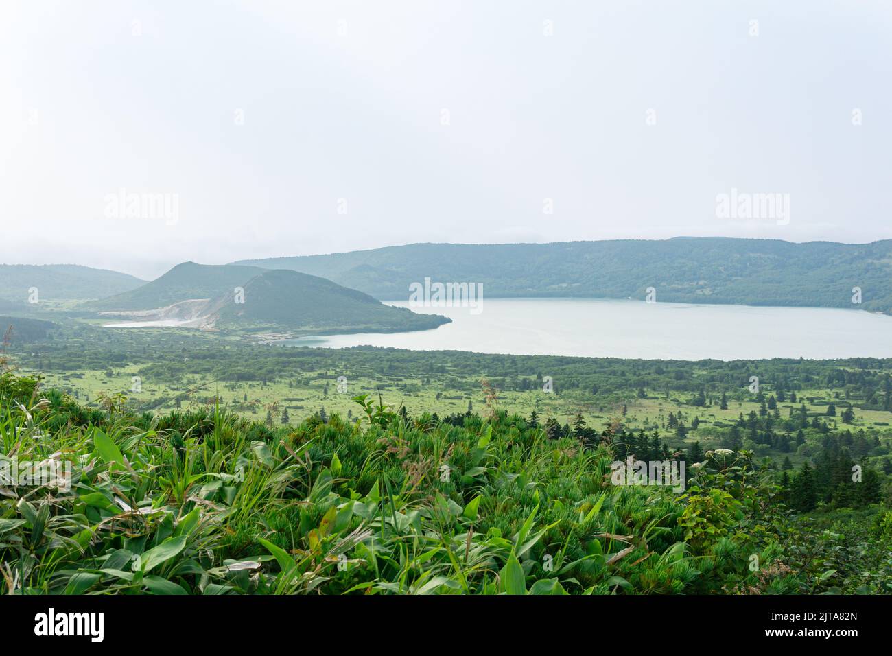 natural landscape of Kunashir island, view of the Golovnin volcano ...
