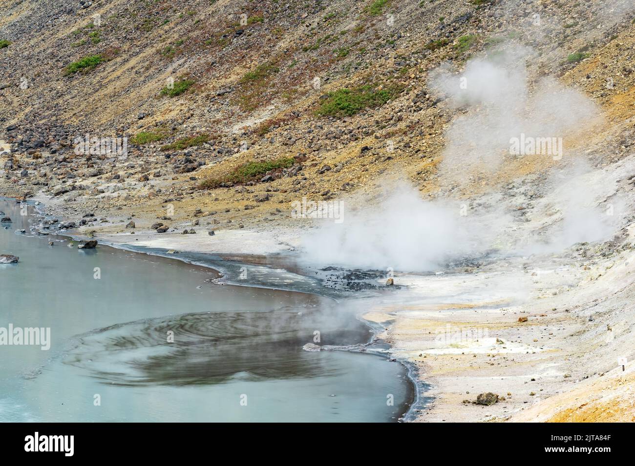 hot hydrothermal water outlet on the shore of the lake in the caldera ...