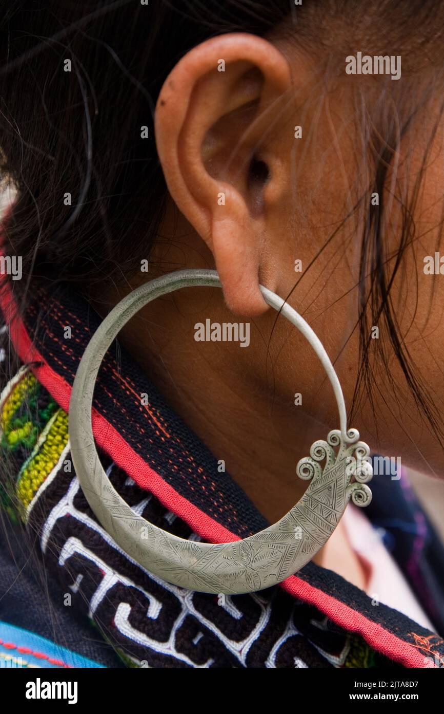 Vietnam, Sapa region.Portrait of a Hmong woman with an traditional ...