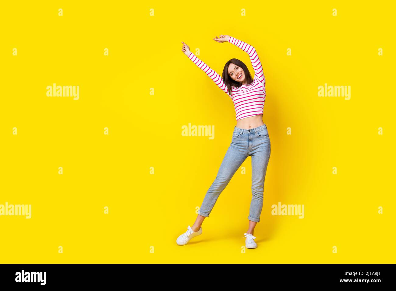 Full length photo of nice young girl dancing enjoy party weekend relax ...