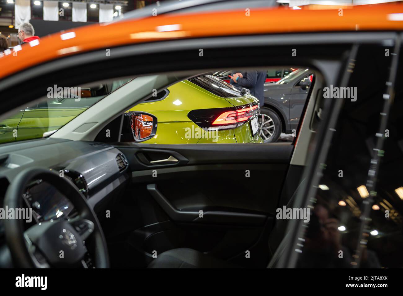 Riga, Latvia, April 29, 2022: lots of new shiny cars, selective focuss ...