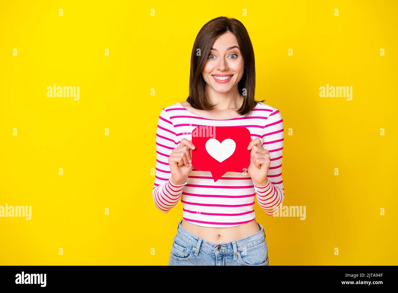 Photo of pretty cute adorable toothy beaming girl dressed striped shirt ...