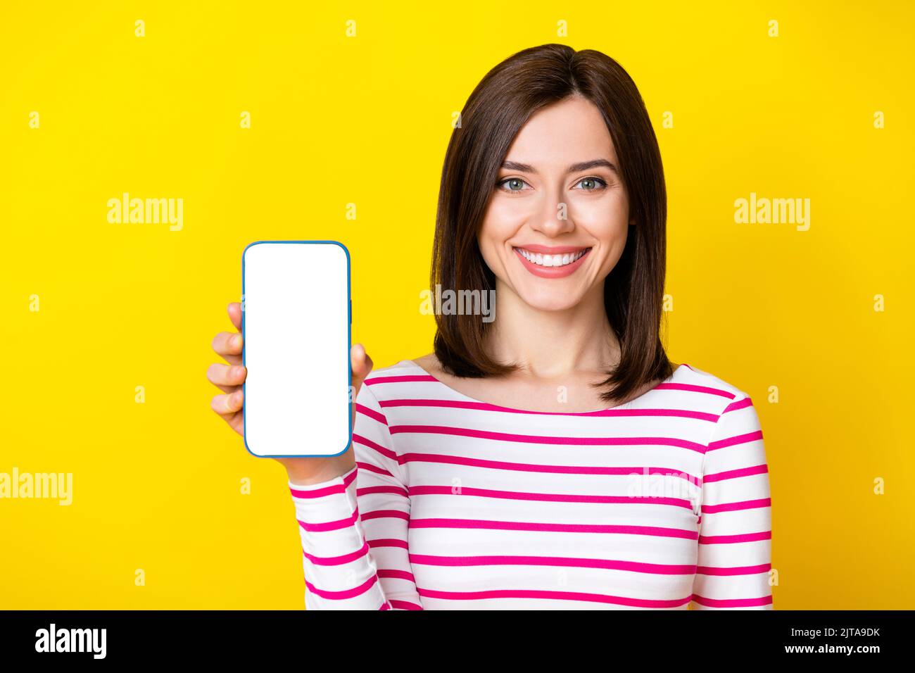 Photo of cute pretty adorable girl dressed striped shirt hold ...