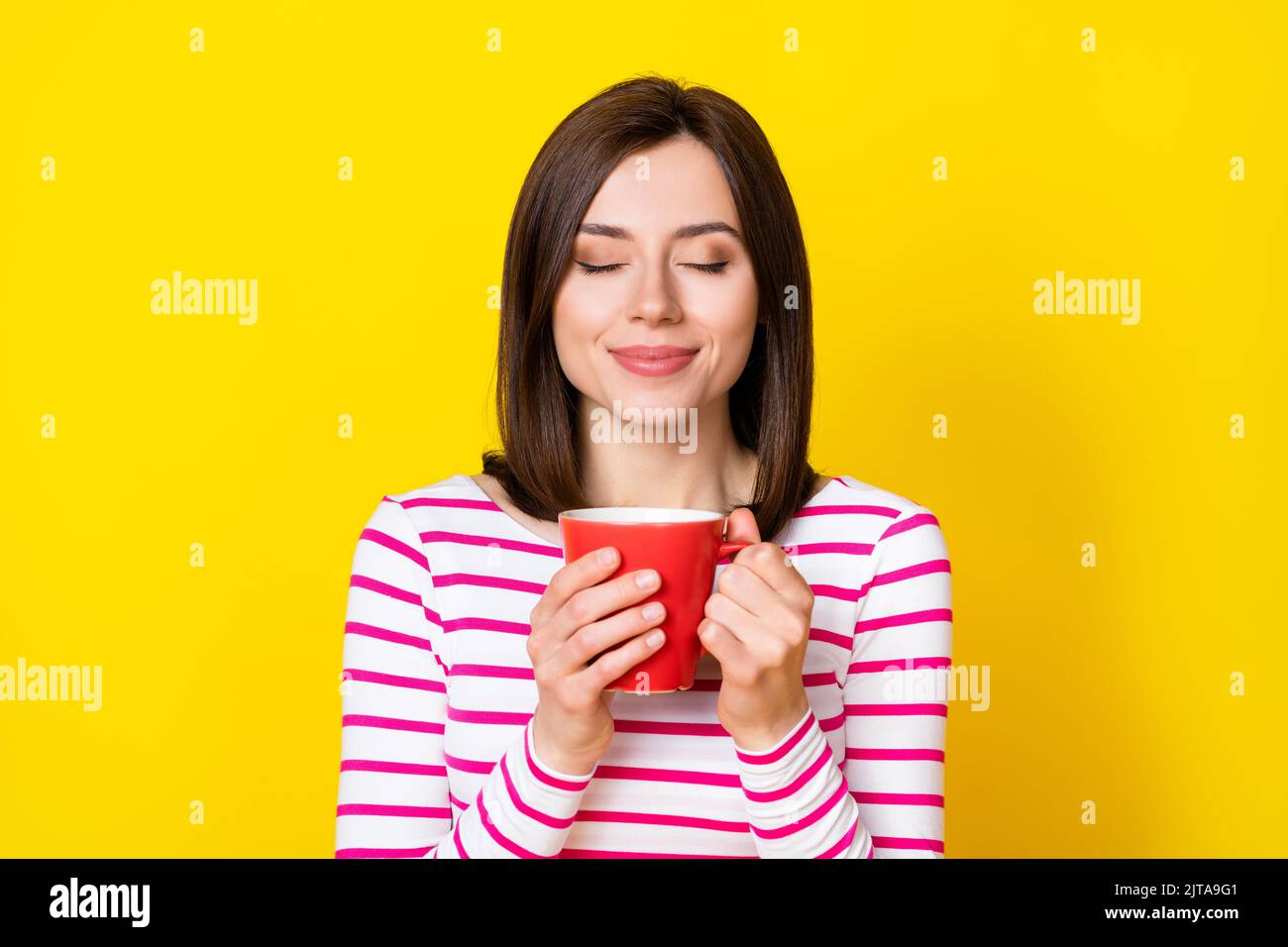 Photo portrait of adorable dreamy young woman smell coffee flavor enjoy ...
