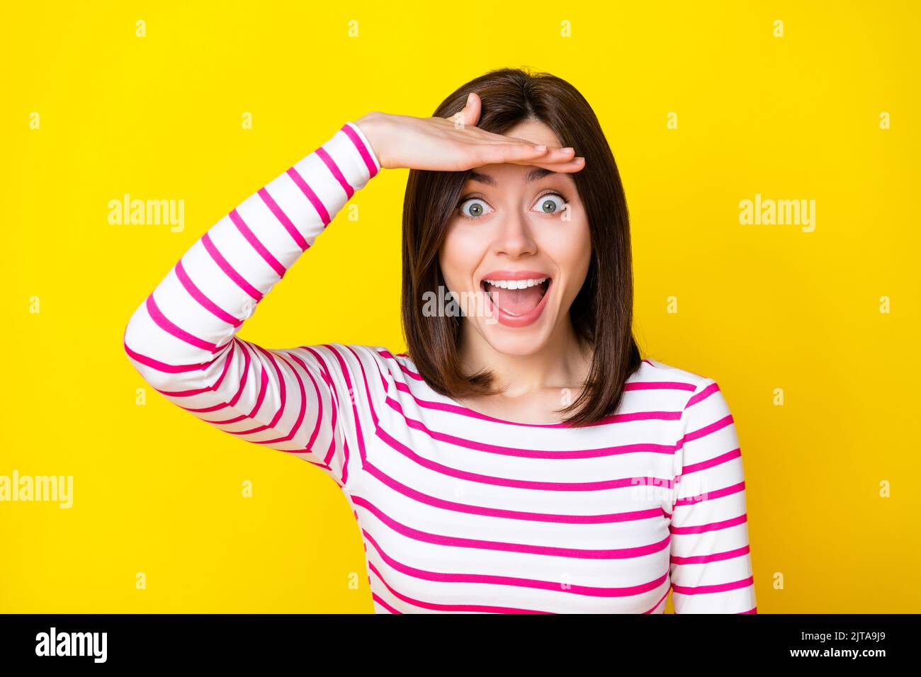 Photo portrait of pretty young girl astonished hold palm forehead look ...