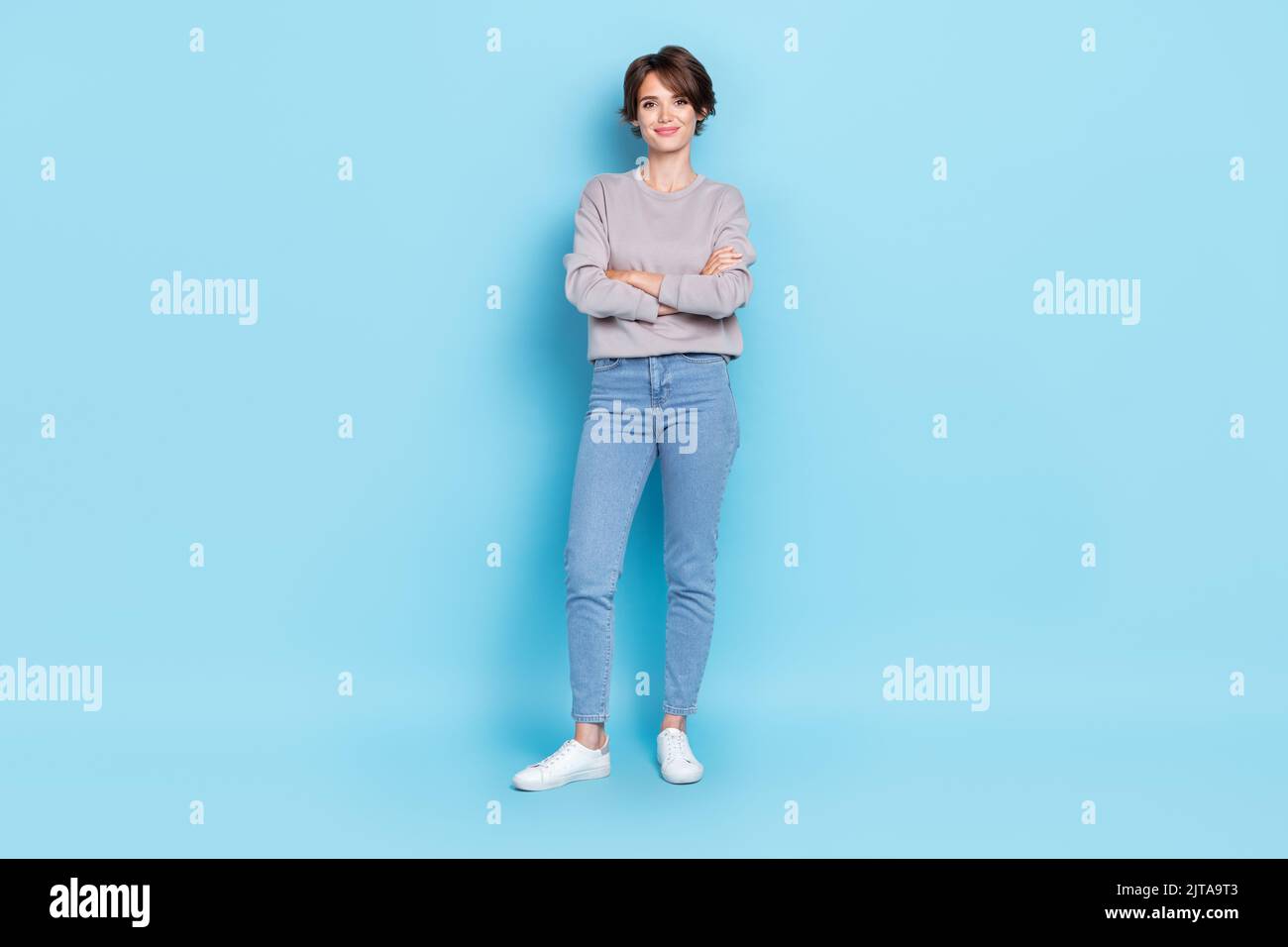 Full length photo of pretty lovely positive lady dressed trendy outfit ...