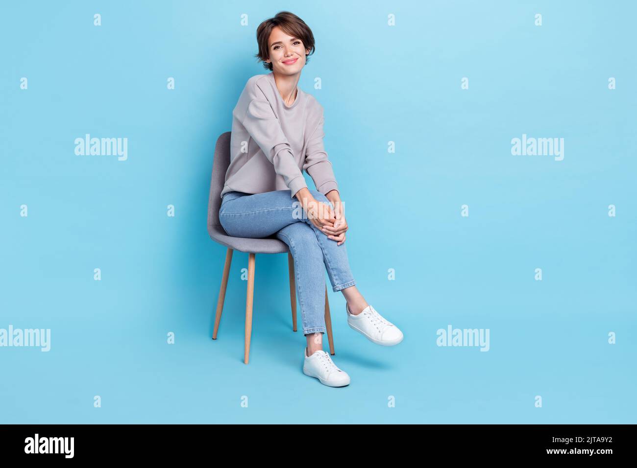 Full length size photo of pretty positive cute lady wear nice clothes ...