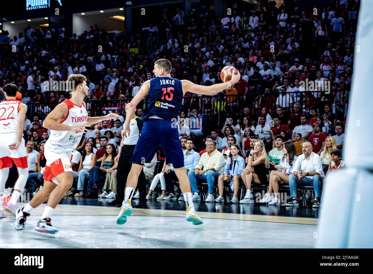 Istanbul, Turkey. 28th Aug, 2022. Nikola Jokic (R) of Serbia and ...
