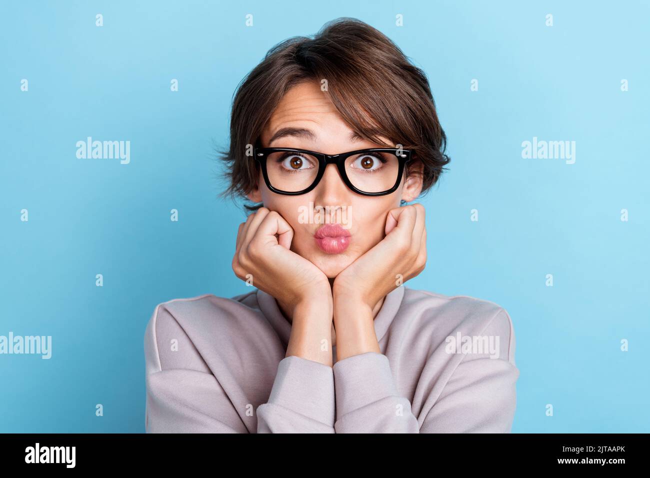Photo of pretty sweety cute gentle lady arm touch cheekbones send kiss ...