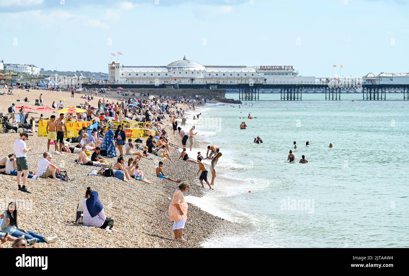 Brighton UK 29th August 2022 - Visitors enjoy the sunshine on Brighton ...