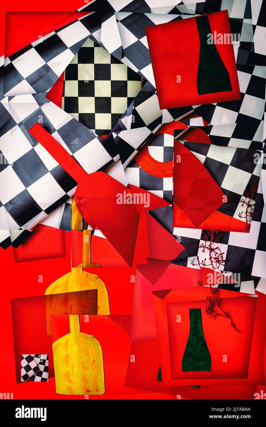 Collage of decorative still life with cut-out cardboard bottles Stock ...
