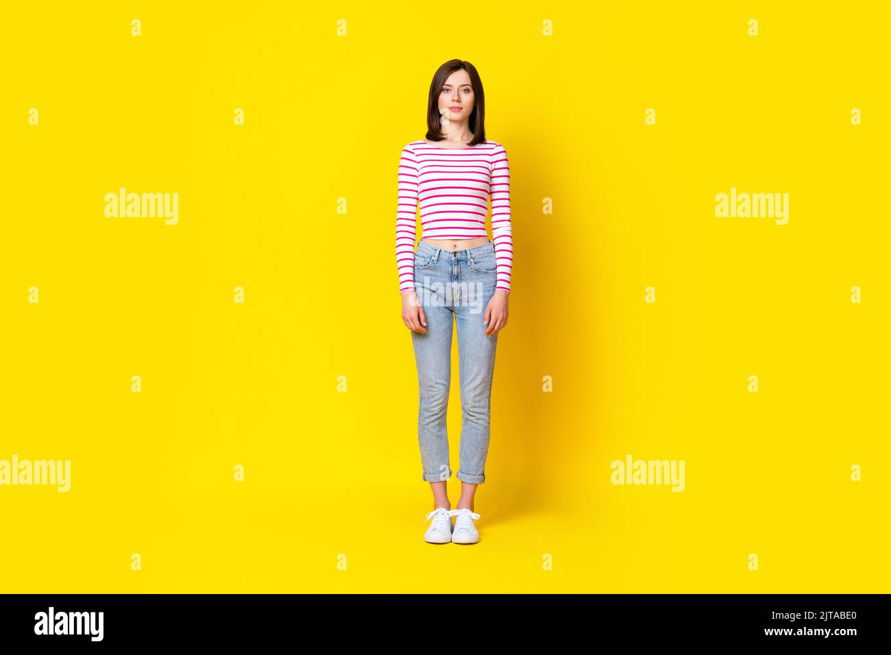 Full body photo of gorgeous cute young girl standing straight front ...