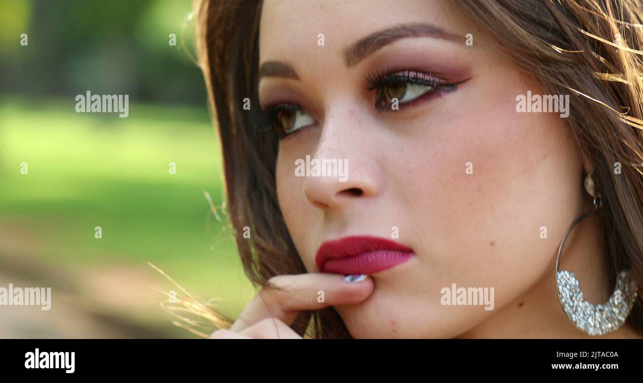 Contemplative young woman face thinking. Thoughtful meditative girl ...