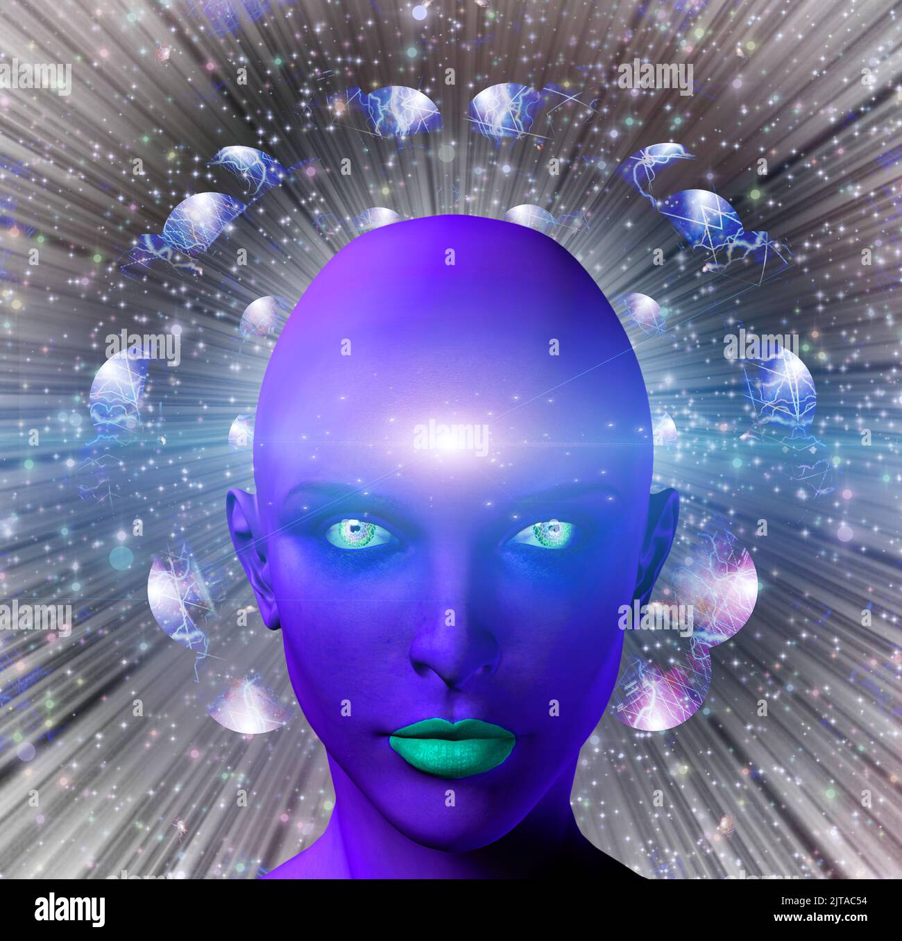 Purple female face on a background with multi-layered spaces. 3D ...