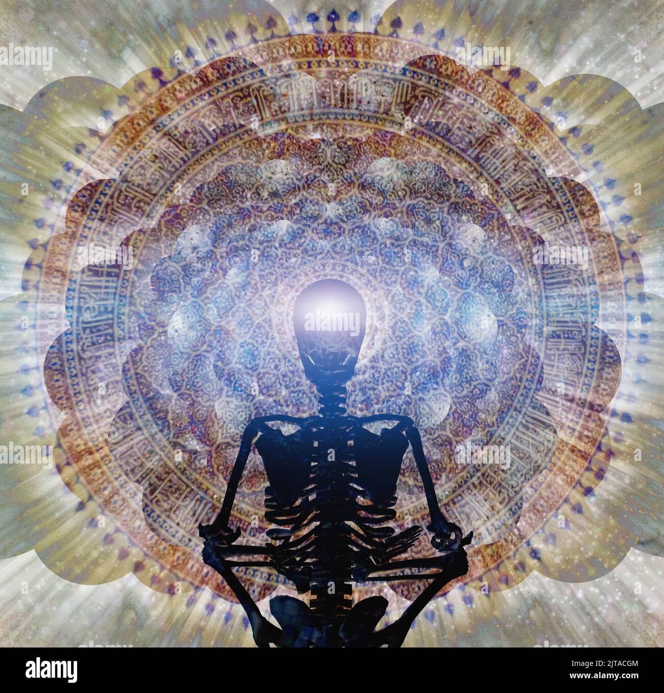 Skeleton in lotus position sits before endless spaces. 3D rendering ...