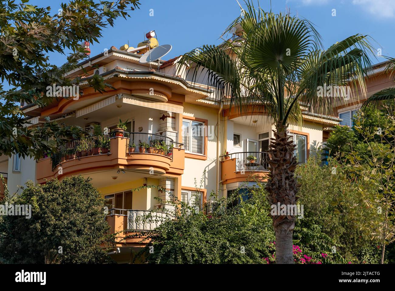 Facade of a townhouse among dense vegetation and palm trees in Alanya ...
