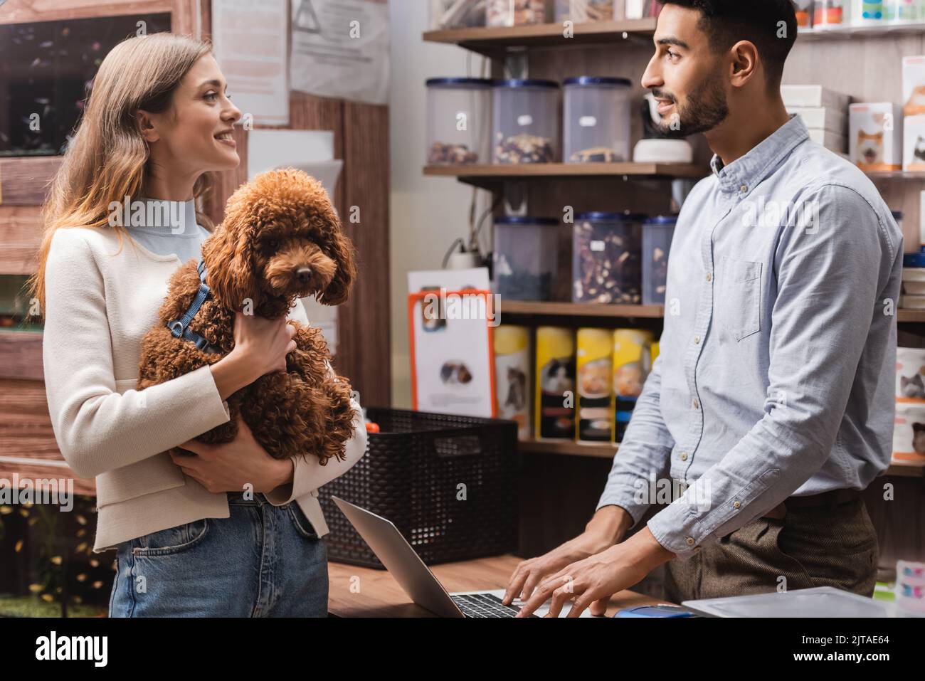 Side view of smiling woman holding poodle near arabian seller in pet ...