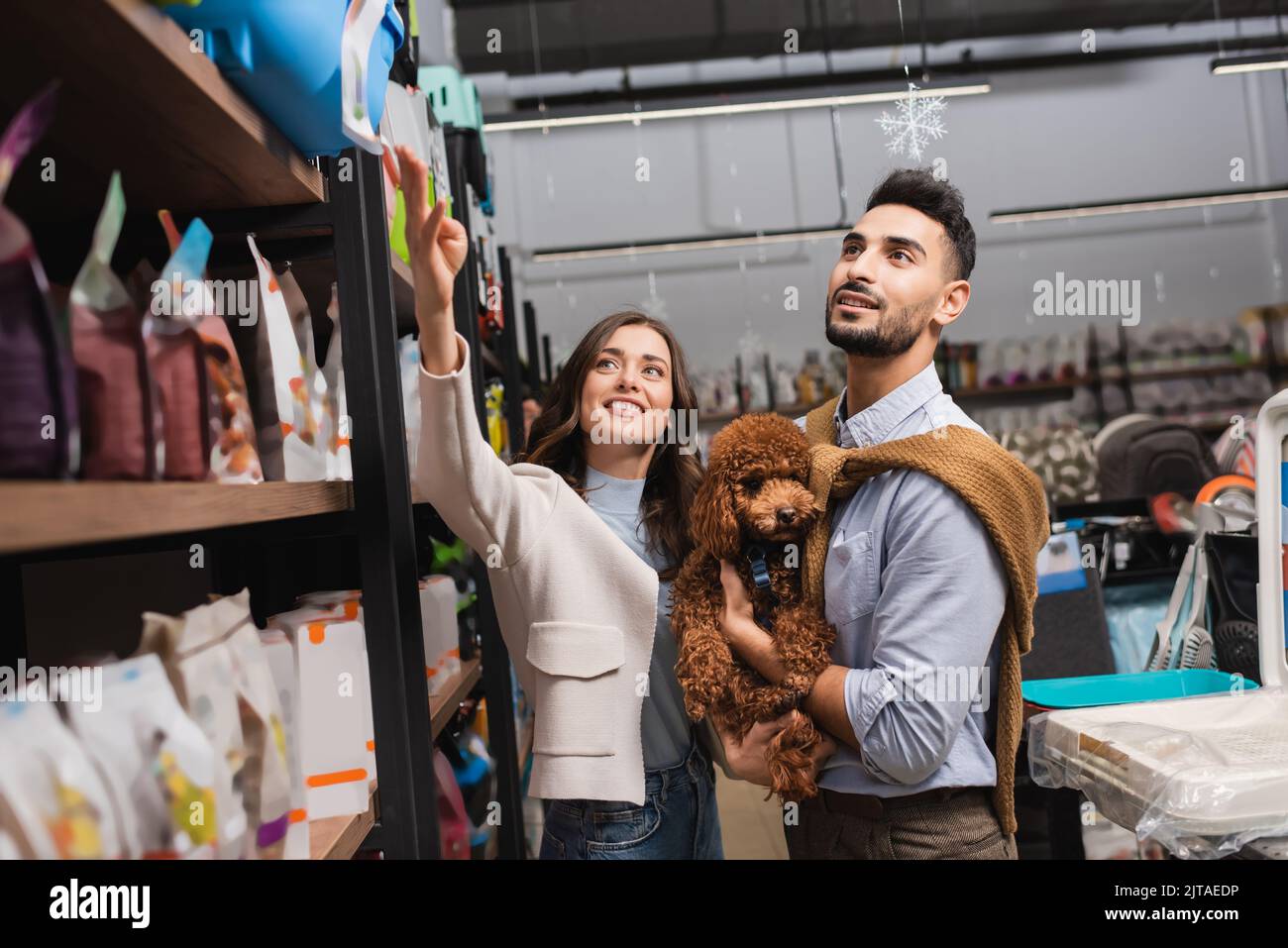 Smiling woman pointing with hand near muslim boyfriend with poodle in ...