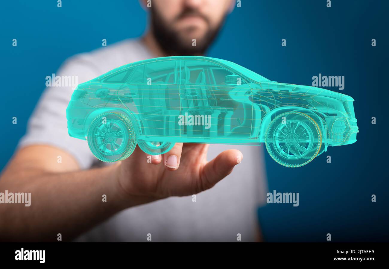 A man on blurred background touching a holographic 3D rendered smart ...