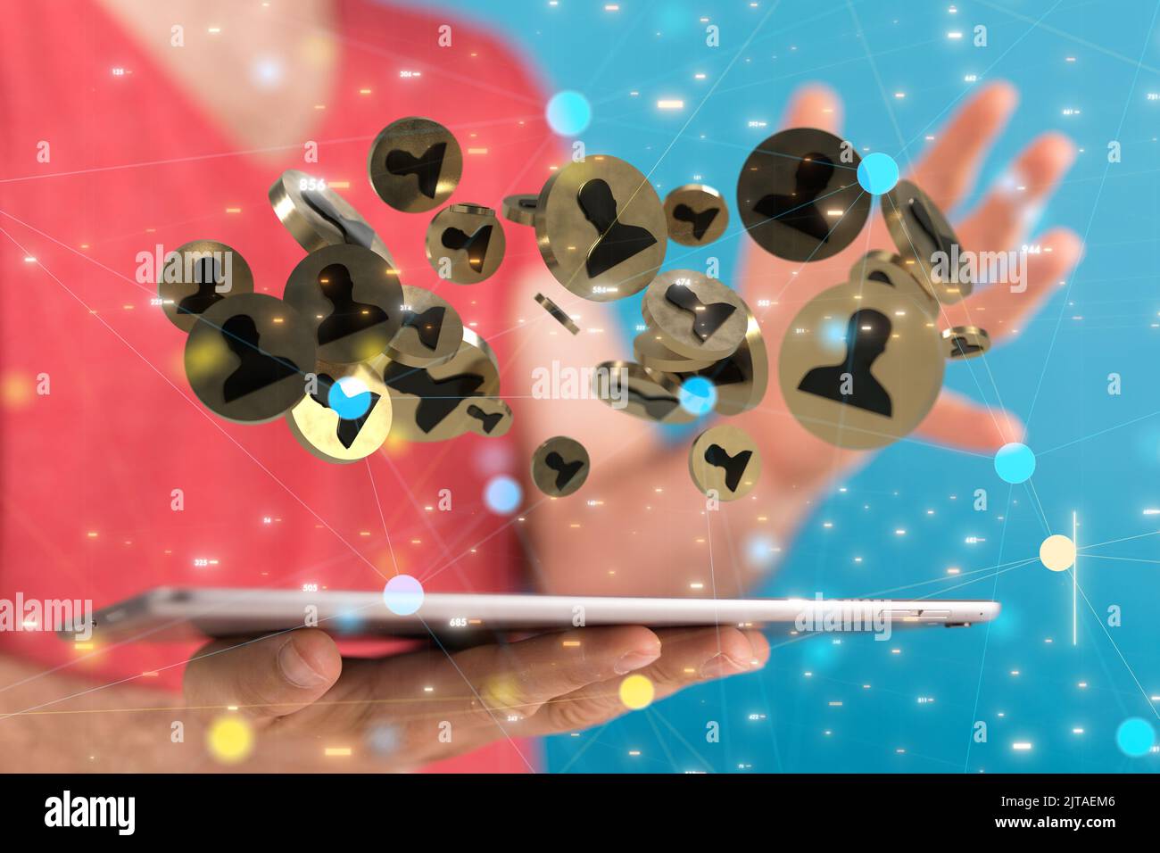 A web of illustrative 3D rendered user icons floating over an iPad ...