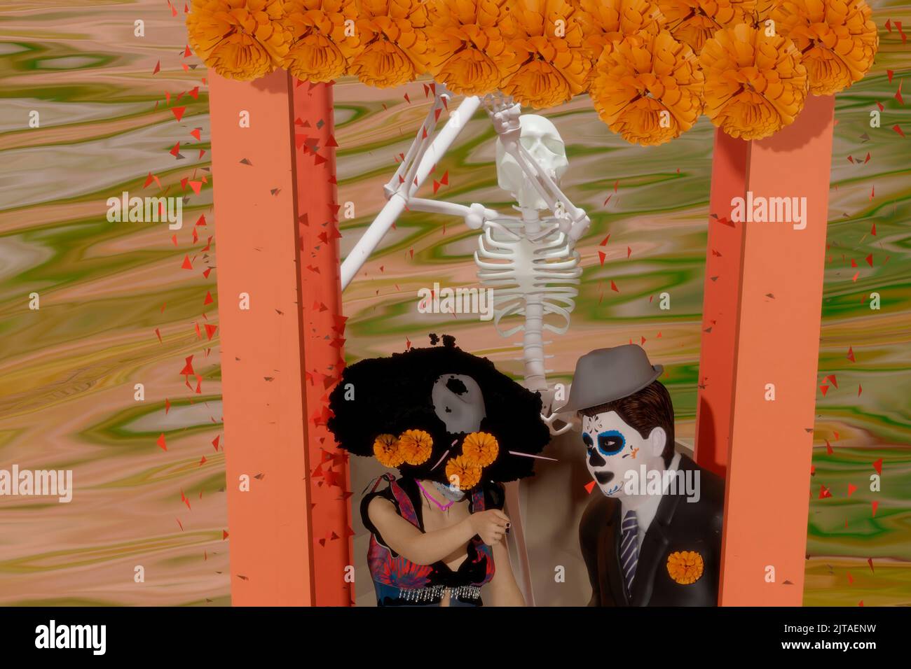 Human skeleton paddles canoe carrying woman and man with painted face ...