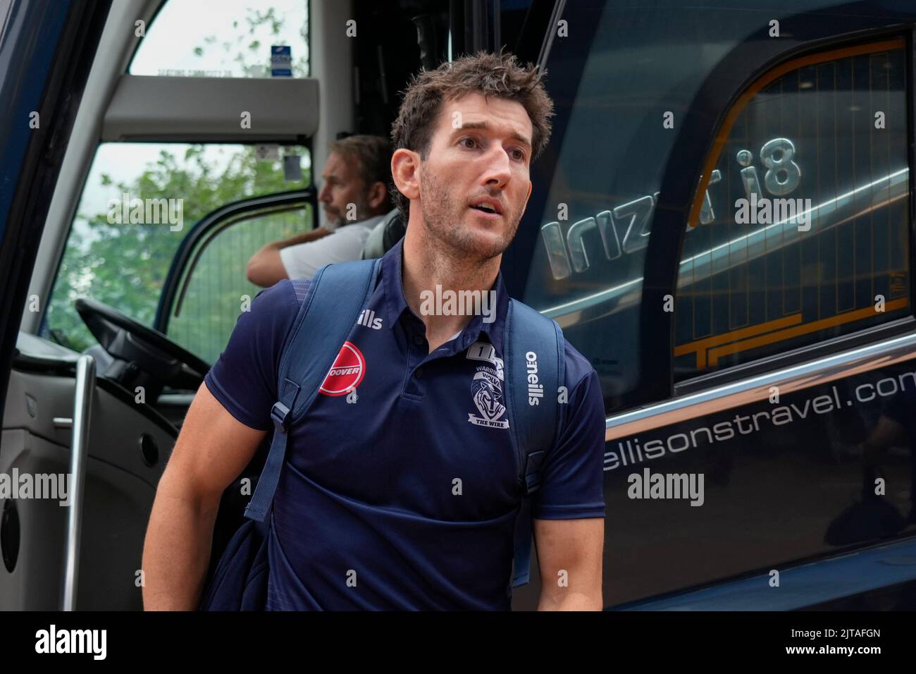 Stefan Ratchford #1 of Warrington Wolves arrives at the Stadium before ...