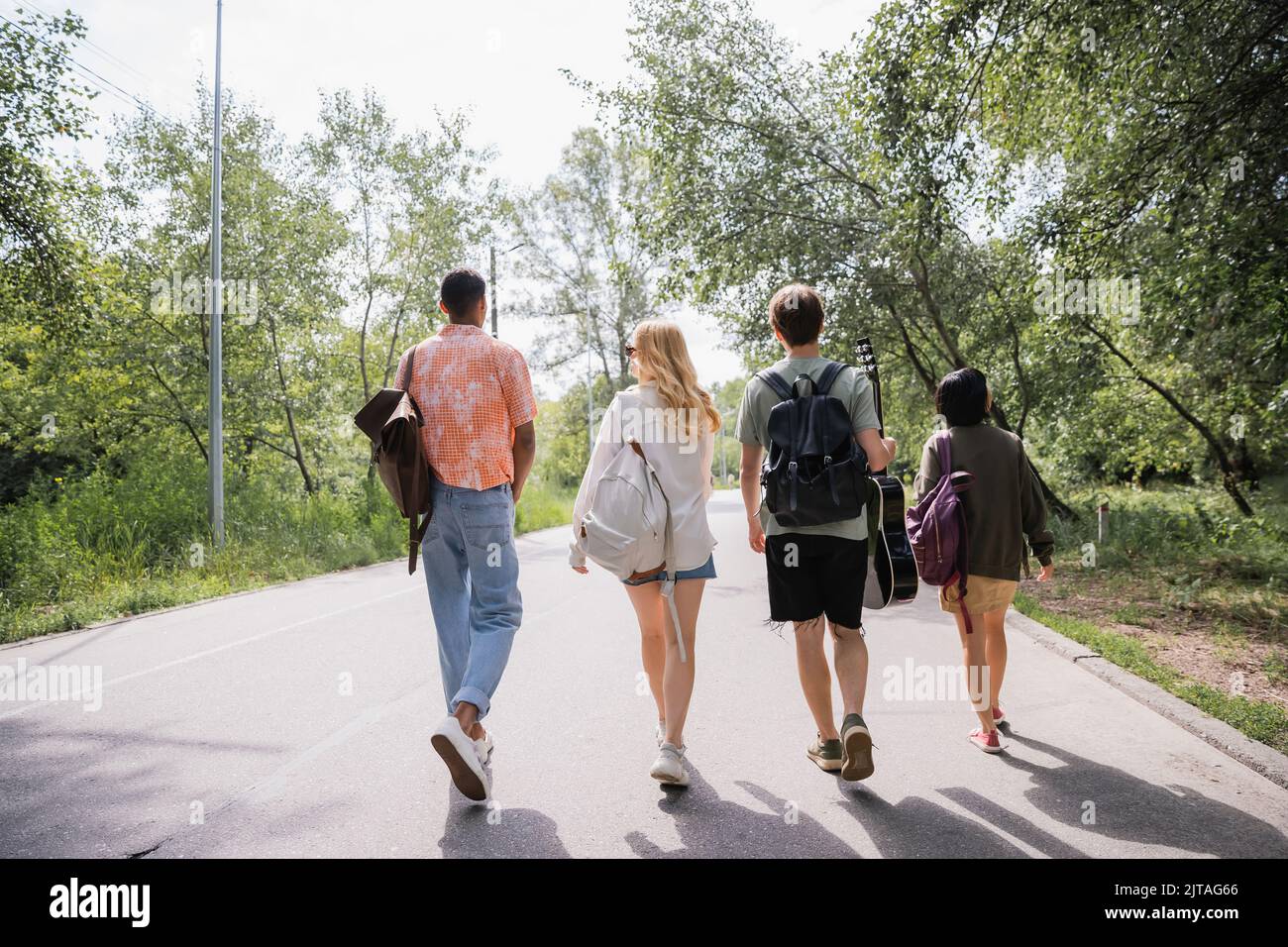 back view of multiethnic tourists with backpacks walking on road on ...
