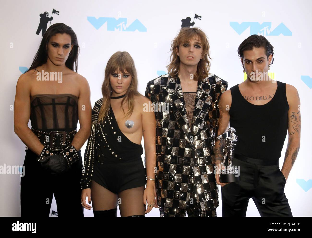 August 28, 2022, Newark, New York, USA: MANESKIN pose for photos in the ...