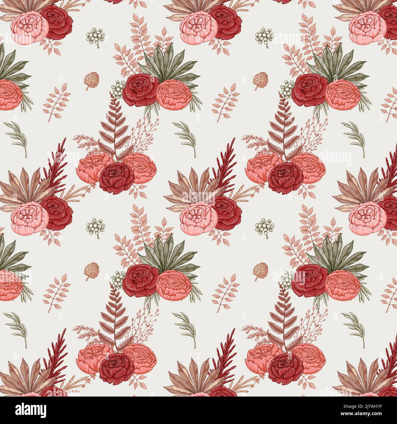 Vintage seamless pattern with roses. Boho wallpaper design. Hand drawn ...