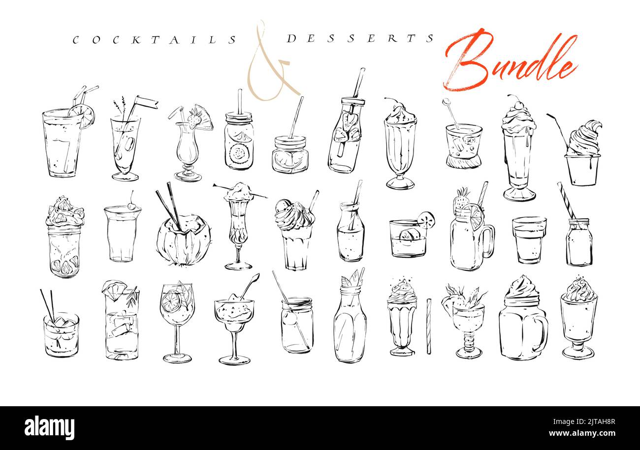 Hand drawn vector graphic textured artistic bar menu ink collection set ...