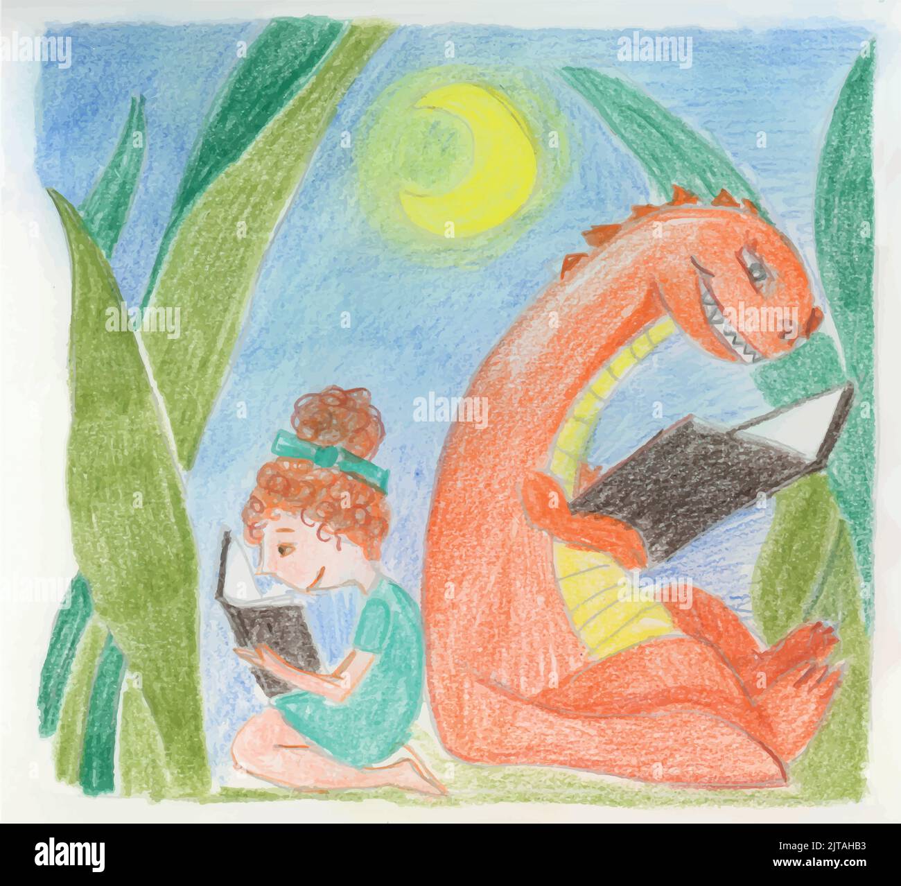 Girl child rading a book of tales with happy dragon on night - Hand ...