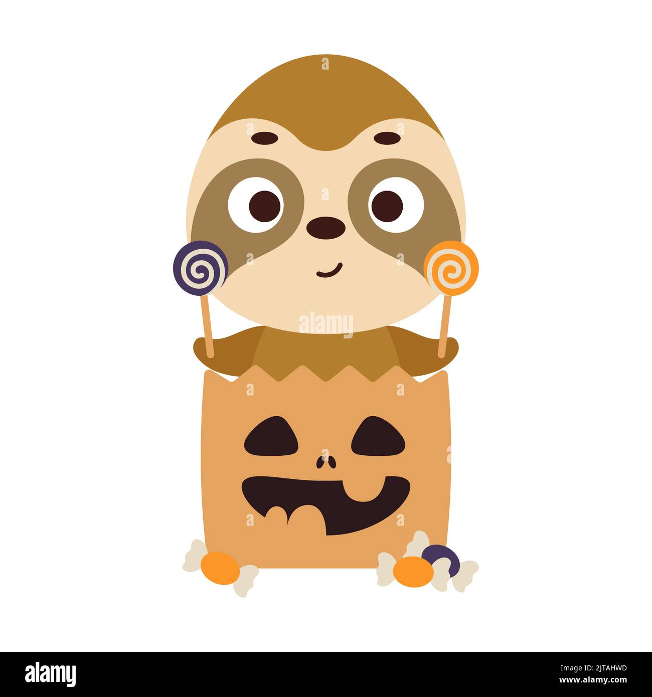 Cute Halloween sloth sitting in a trick or treat bag with candies ...