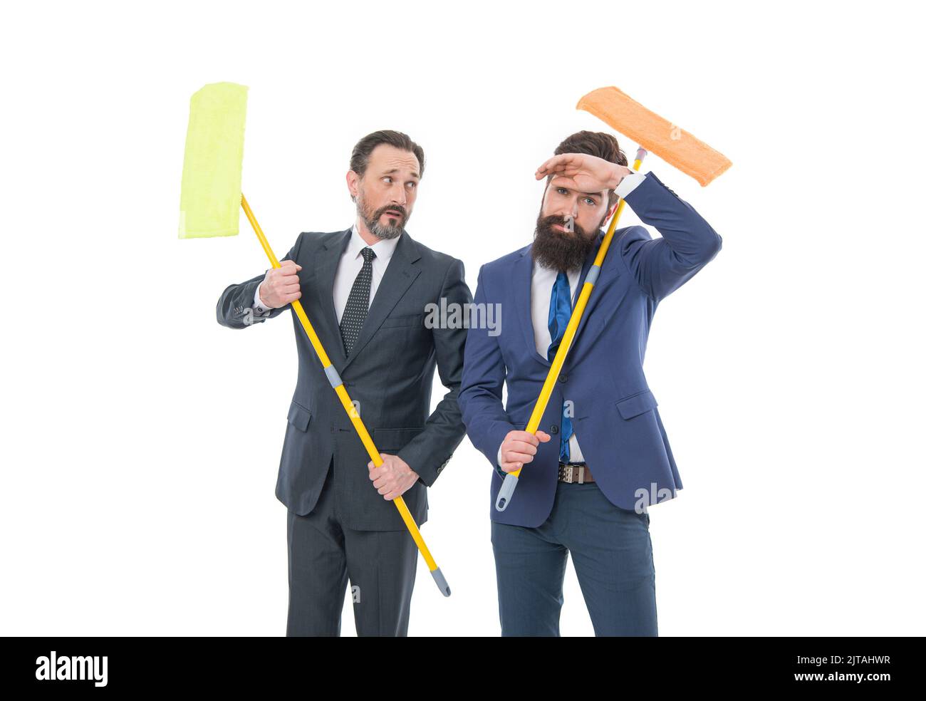 Clear reputation. Bearded men formal suits hold mops. Big cleaning day ...