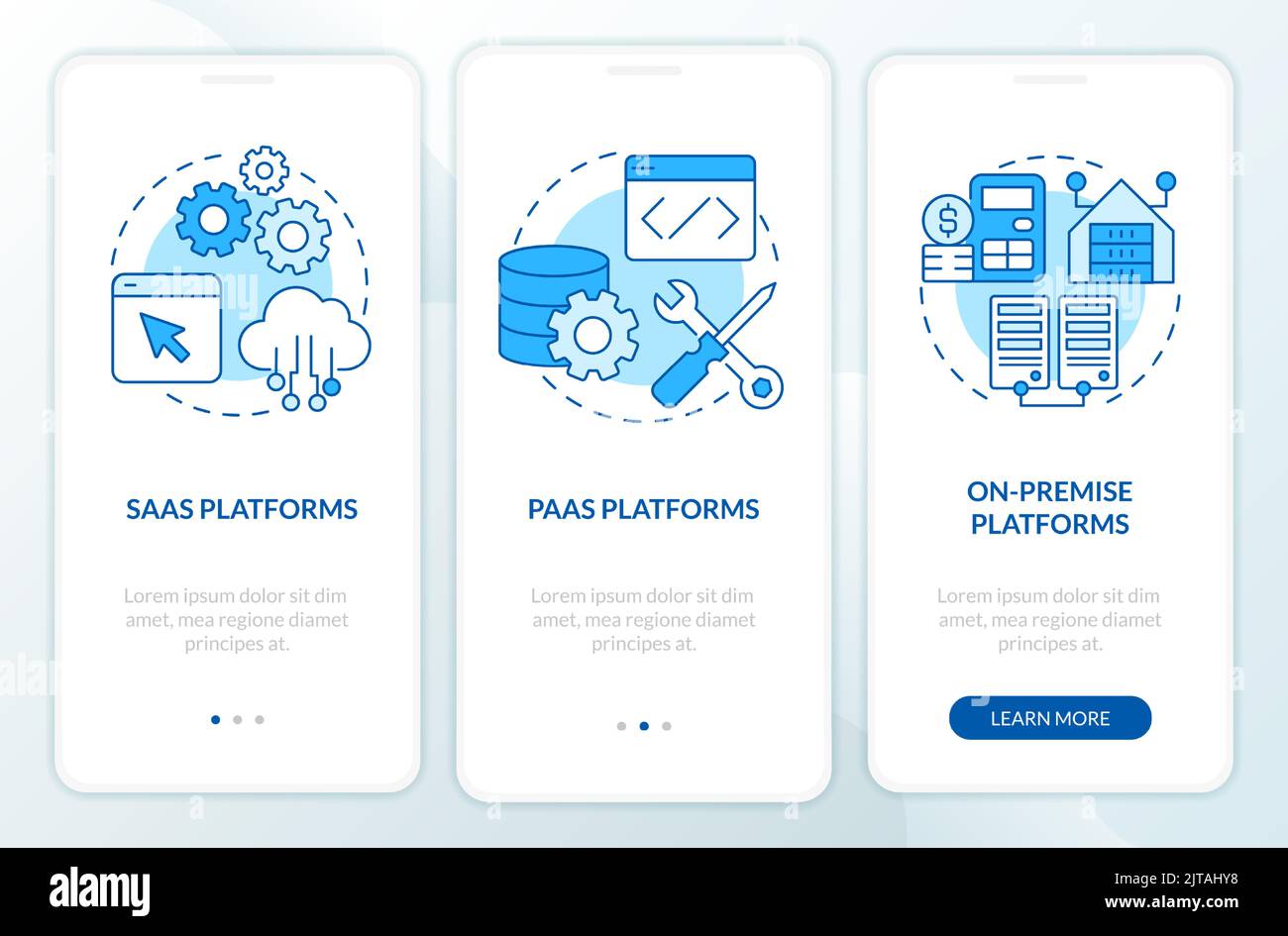 Types of ecommerce platforms blue onboarding mobile app screen Stock ...