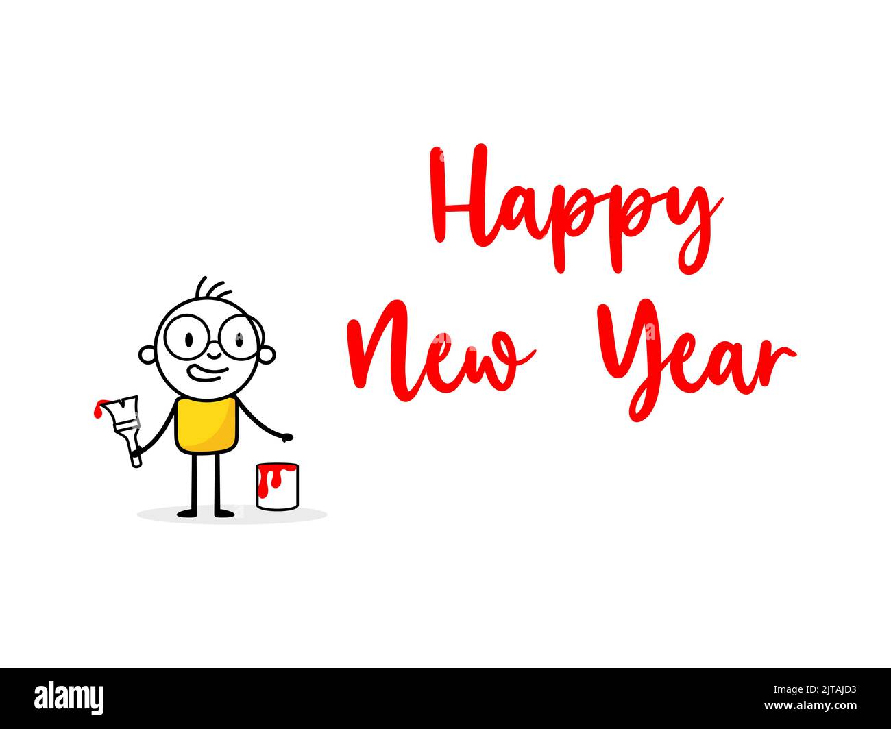 Man draws red words Happy New Year. Cartoon Christmas character concept ...