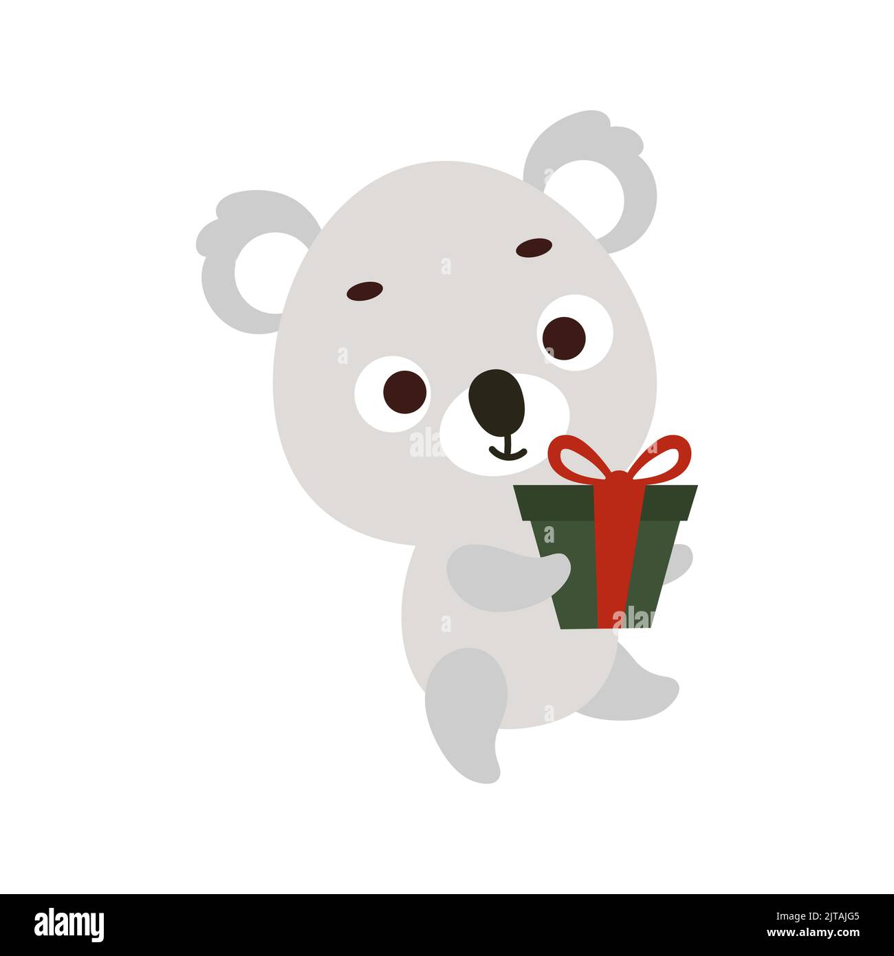 Cute little koala carries gift box on white background. Cartoon animal ...