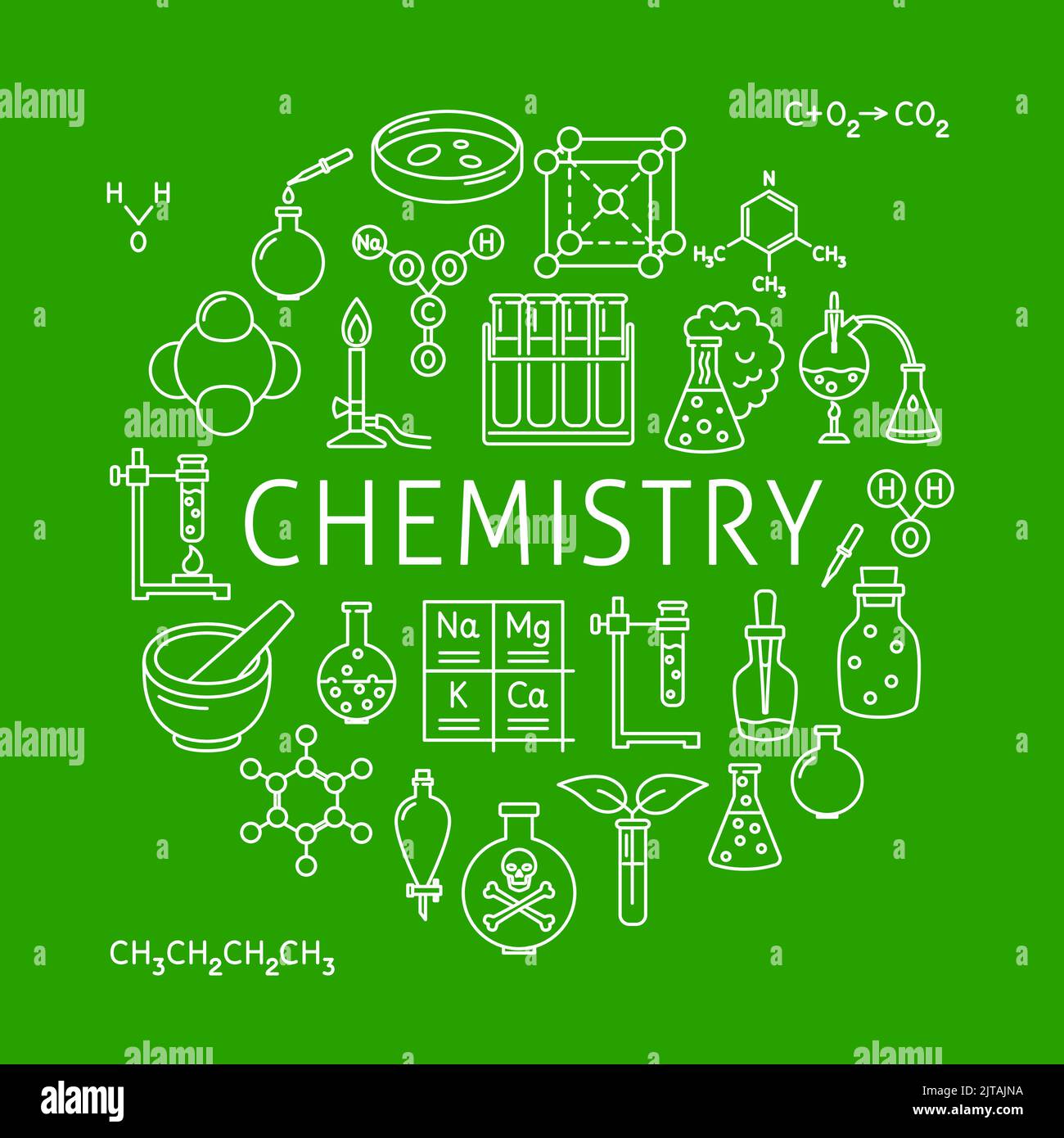 Chemistry round poster in line style. Banner with chemical symbols ...