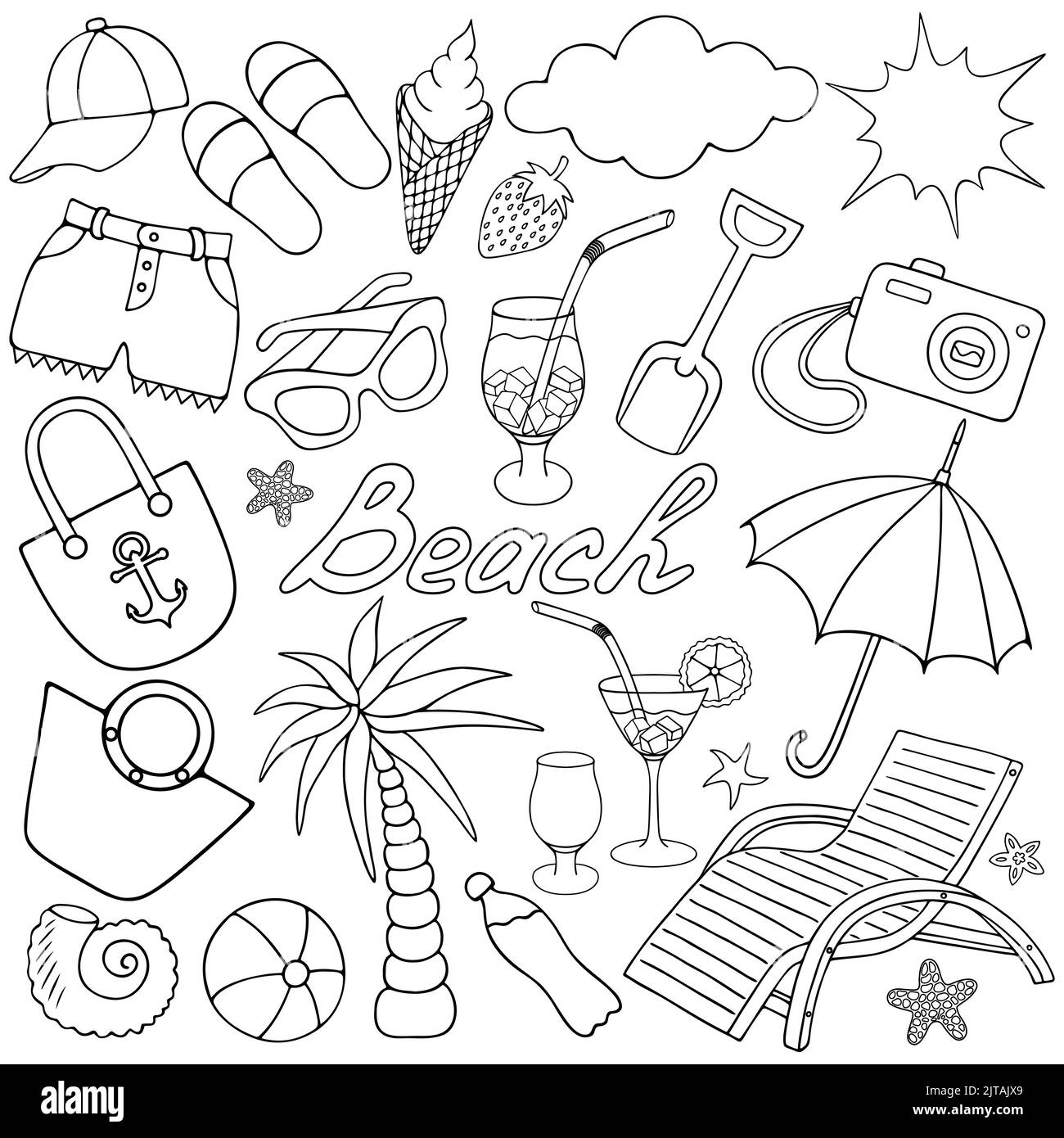 Summertime. Vector set of illustrations. Outline on white isolated ...