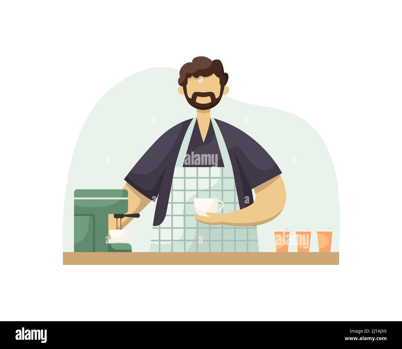 Vector illustration of a male barista with a cup of coffee at the bar ...