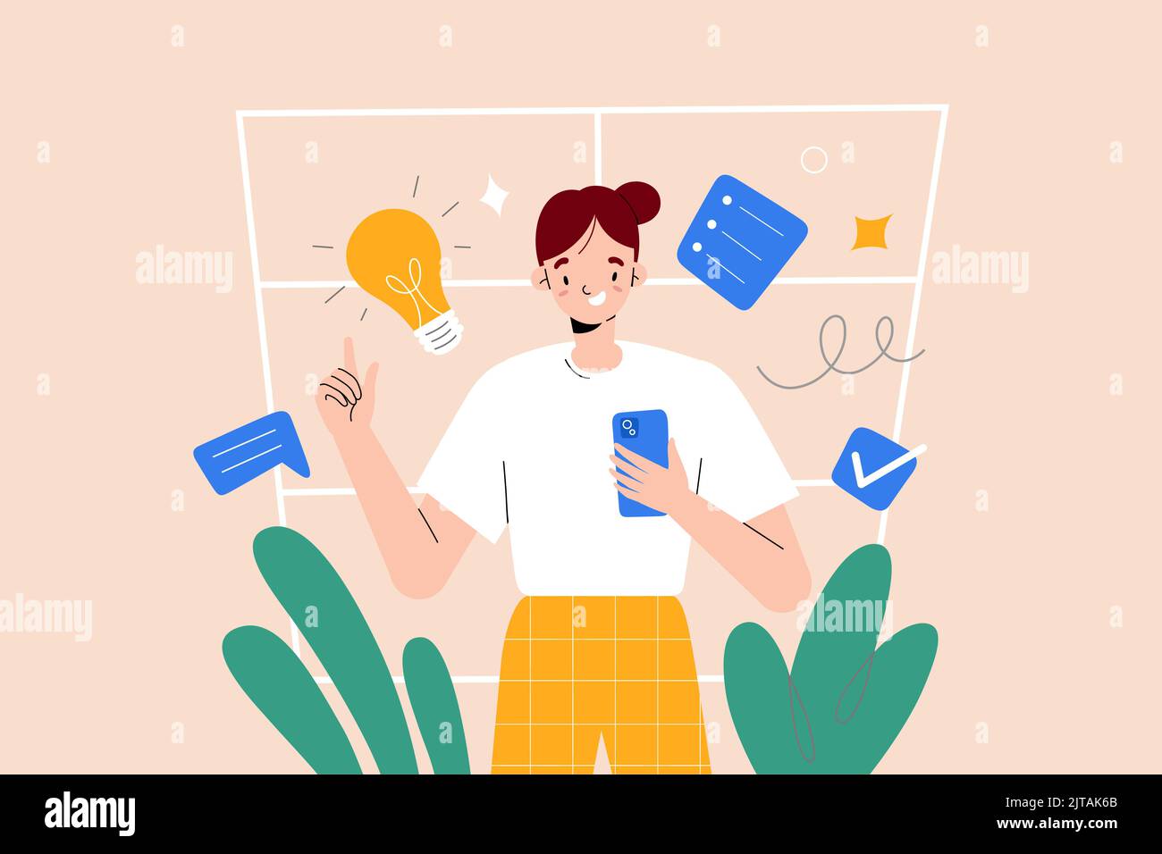 Young woman having idea or solution, taking note in app using her ...