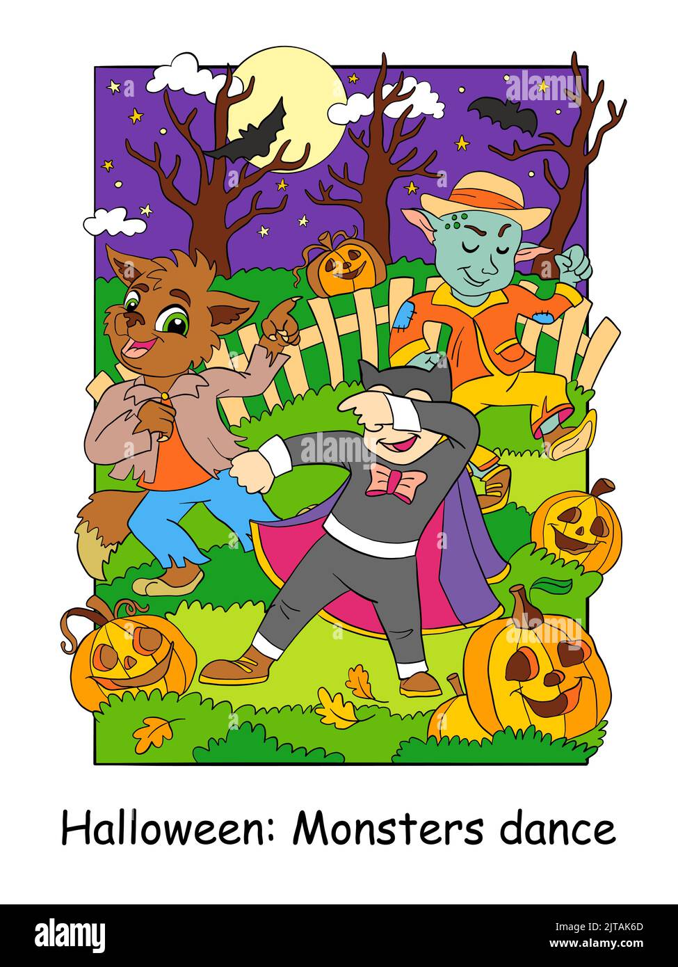 Cute vampire, monster and werewolf dancing at night in the forest ...