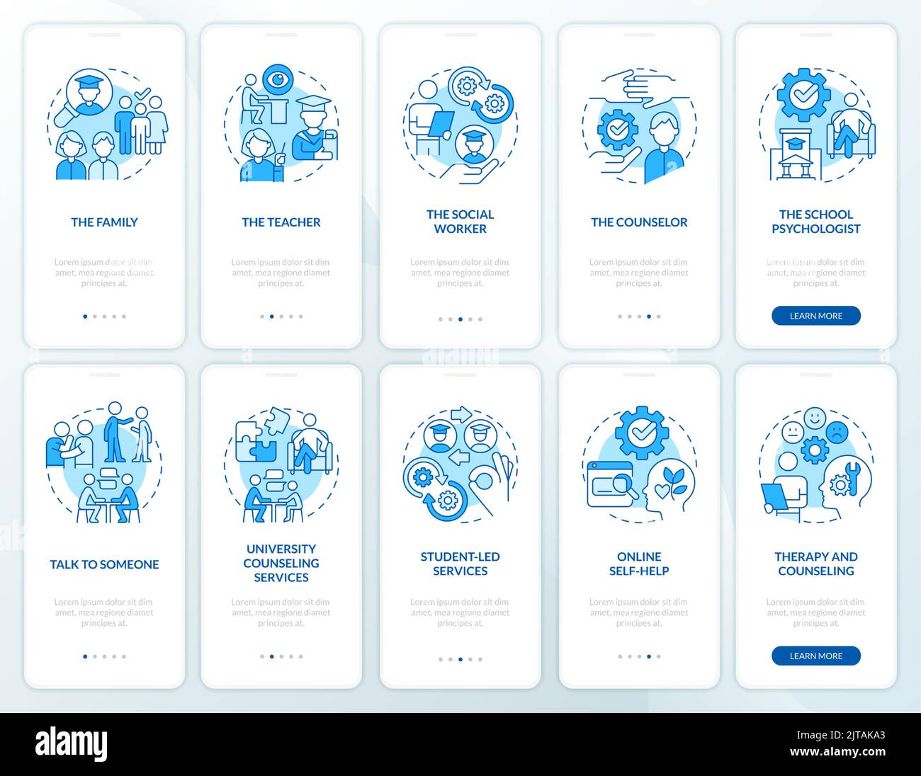 Student mental health awareness blue onboarding mobile app screen set ...