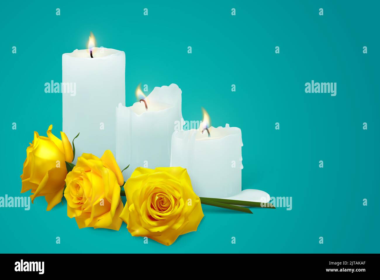 Realistic candles and yellow rosebuds on a blue background Stock Vector ...