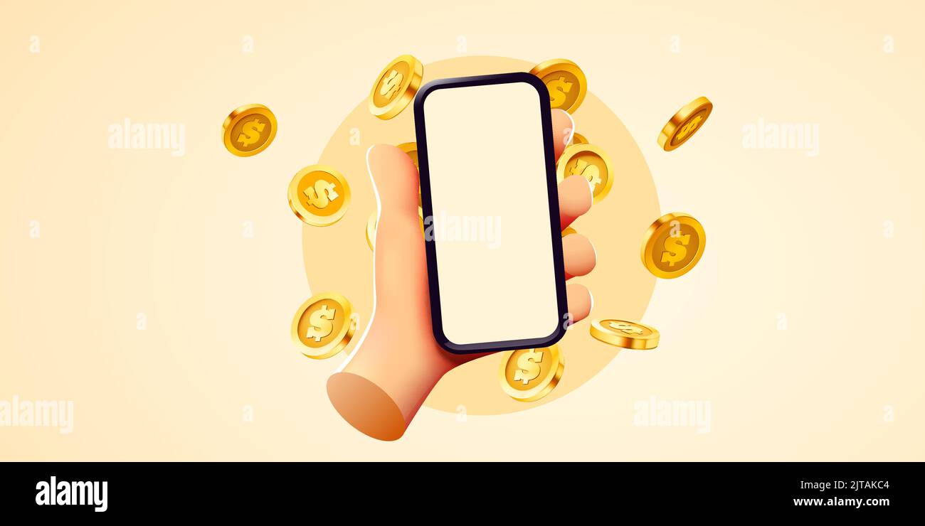 Easy online payments concept with cartoon 3D hand, phone and coin ...