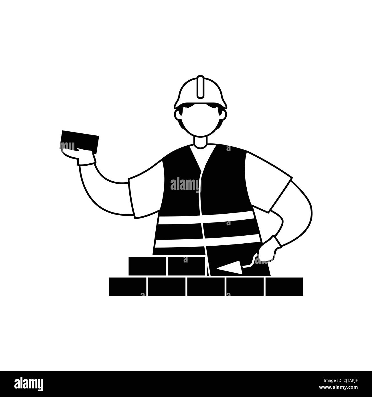 Vector illustration of a male builder in a helmet laying a brick ...