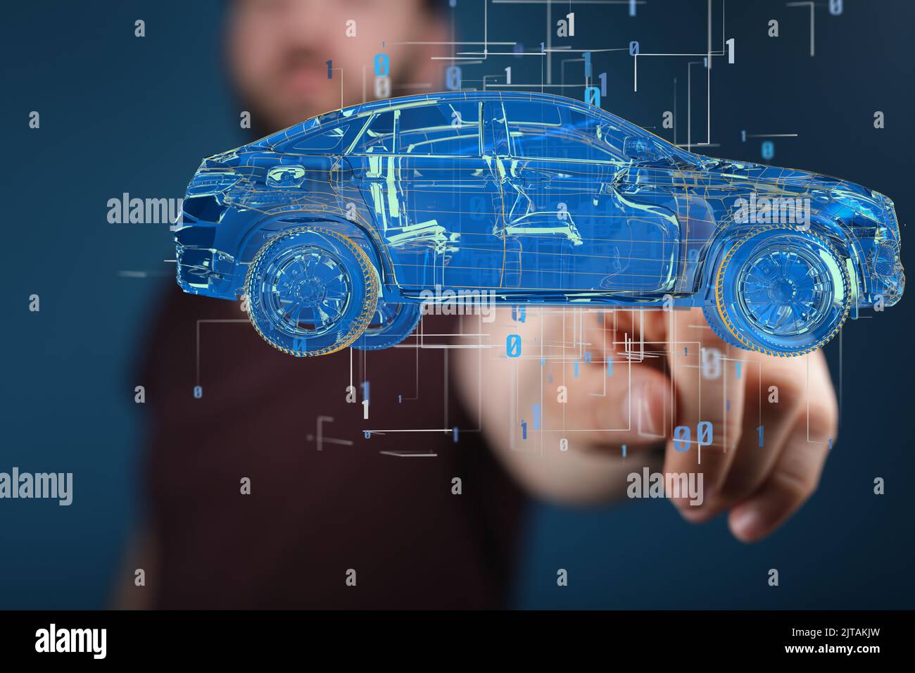 A male clicking on a 3D rendered car on his palm Stock Photo - Alamy